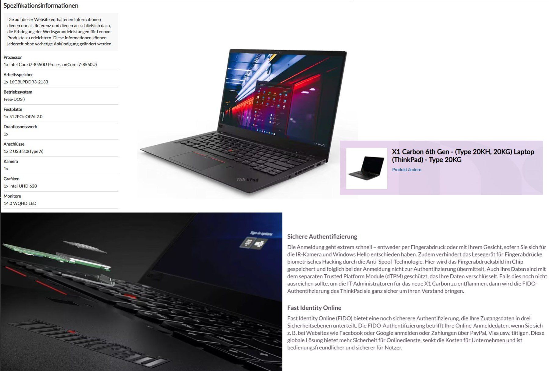 Thinkpad X1 Carbon 6th, i7/16GB/512 NVME SSD, 14" WQHD IPS (Gebraucht ...