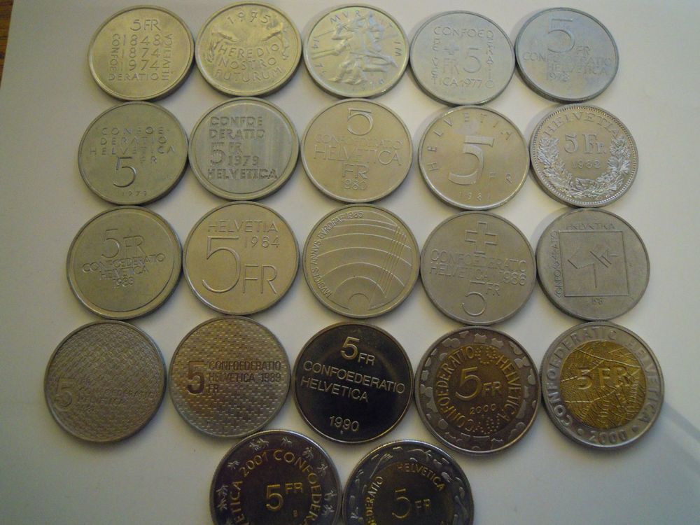 22 x 5 Fr. Gedenkmünzen ab 1974 unz (Neu (gemäss Beschreibung)) in Kriegstetten für CHF 125 ...