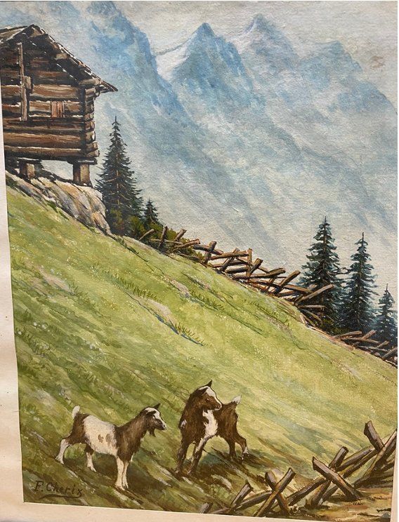 F. Cherix Bergszene mit 2 Ziegen 44 x 38 cm Aquarell/Papier | Kaufen auf Ricardo