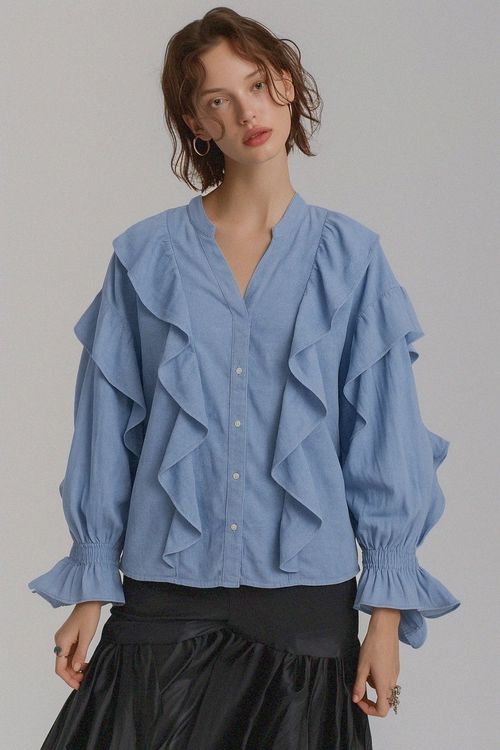 Chemise à volants bleue – Zara, 100% lin T 36 (S-M) (Gebraucht) in Fribourg für CHF 1 – mit ...