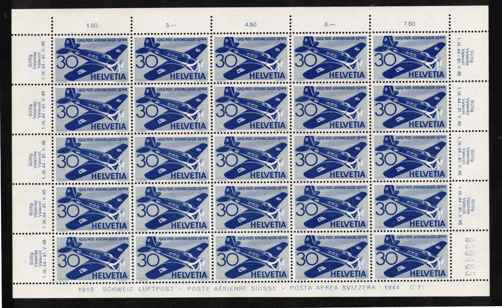 Flugpost 1944, Serie im Bogen F37 - F39 ** postfrisch (Neu (gemäss Beschreibung)) in Nuglar für ...