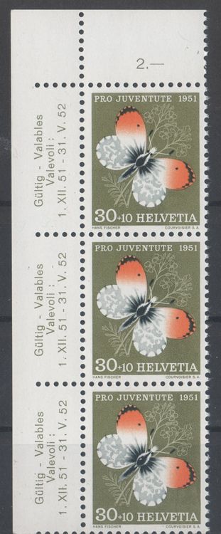 PJ 141 Dreierstreifen mit Rf. Glorienschein und Retouche (Neu (gemäss Beschreibung)) in Egliswil ...