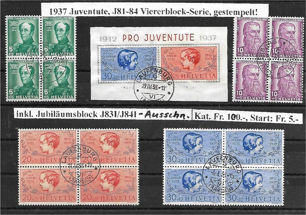 Pro Juventute 1937 Viererblock-Serie / Jubiläumsblocks sText (Gebraucht) in Reinach BL für CHF 7 ...