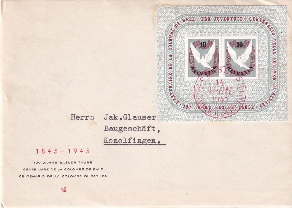 W22, auf Brief "100 Jahre Basler Taube" | Kaufen auf Ricardo