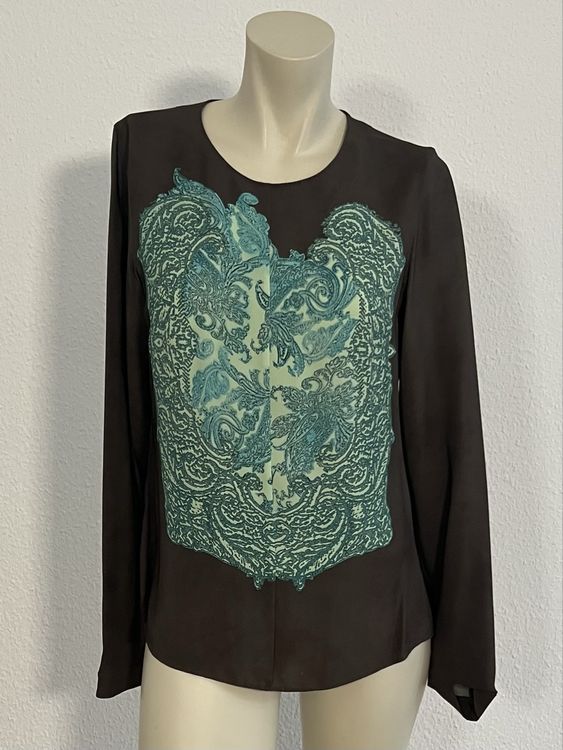🍂 Akris Seiden Bluse Gr 34 braun mit hellgrünem Muster 🍂 (Gebraucht) in ...