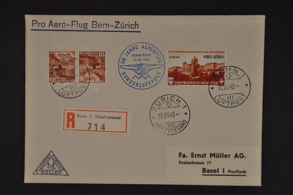 1943 Pro Aero 2 Belege Zürich-Bern und Rückflug (Gebraucht) in Wolfhalden für CHF 8 – mit ...