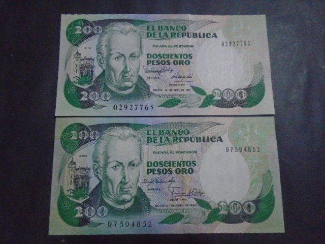 COLOMBIA , P 429a + 429d, 200 Pesos; 1983 1991, UNC kfr neuf (Neu ...