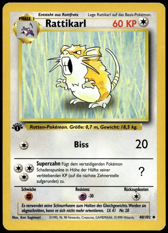 Rattikarl 40/102 Pokémon Base Set 1.Edition ab 1.- (Gebraucht) in Uster ...