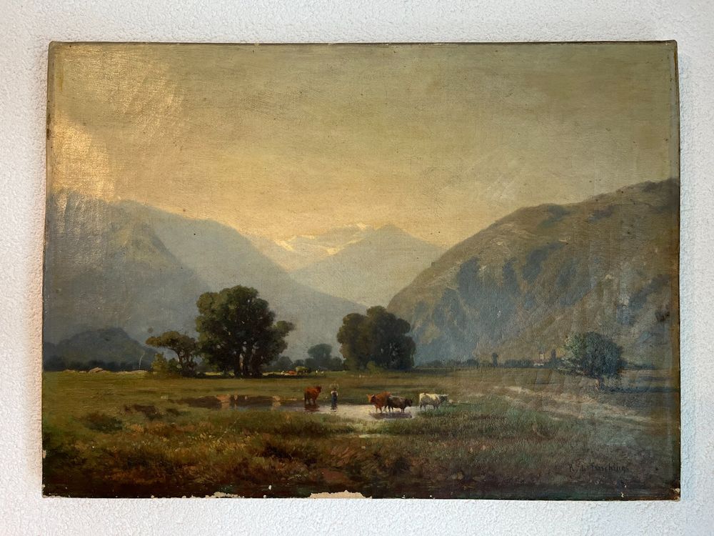 Ölgemälde Landschaft mit Kühen signiert - R. de Frisching (Gebraucht ...