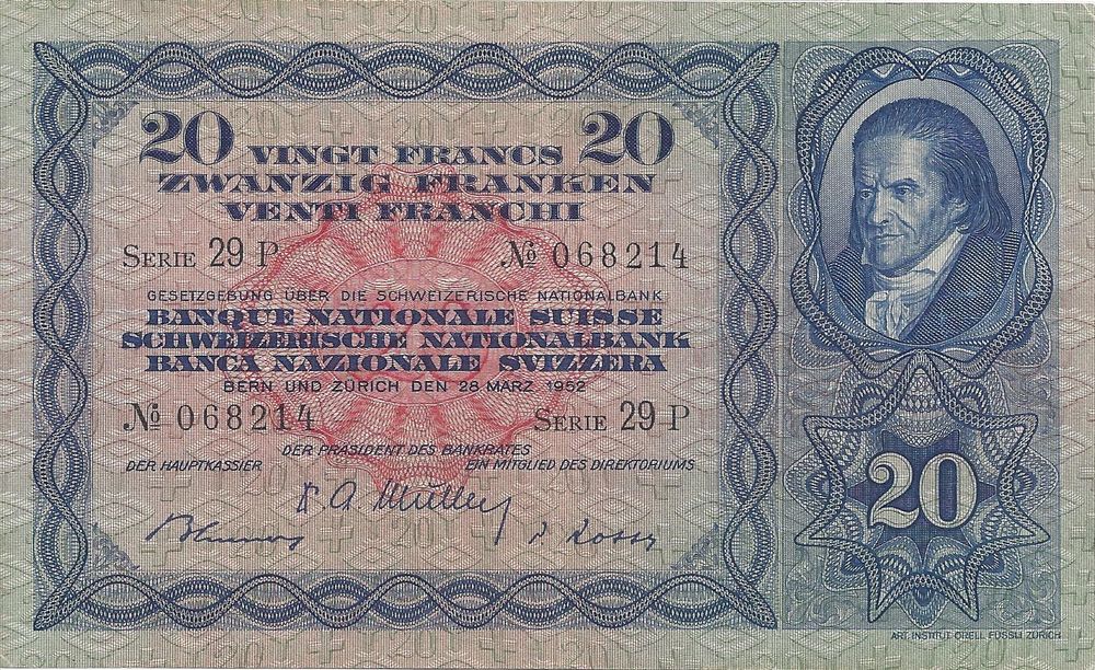 schöne Schweizer 20 Franken-Banknote vom 28. März 1952 | Kaufen auf Ricardo
