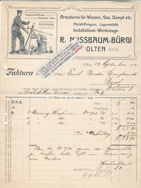 OLTEN 1905. R. NUSSBAUMER WERKZEUGE, LITHO BRIEFKOPF | Kaufen auf Ricardo