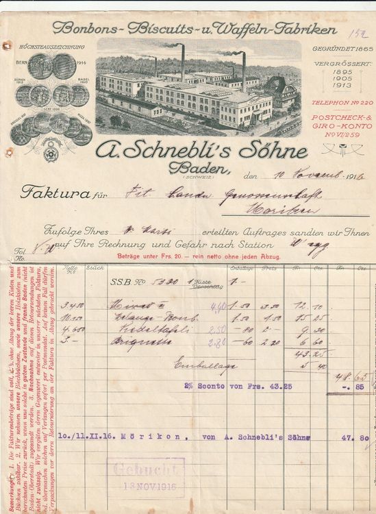 Litho Briefkopf von der Fa. A. Schneblis Söhne Baden 1916 (Gebraucht) in Rupperswil für CHF 20 ...