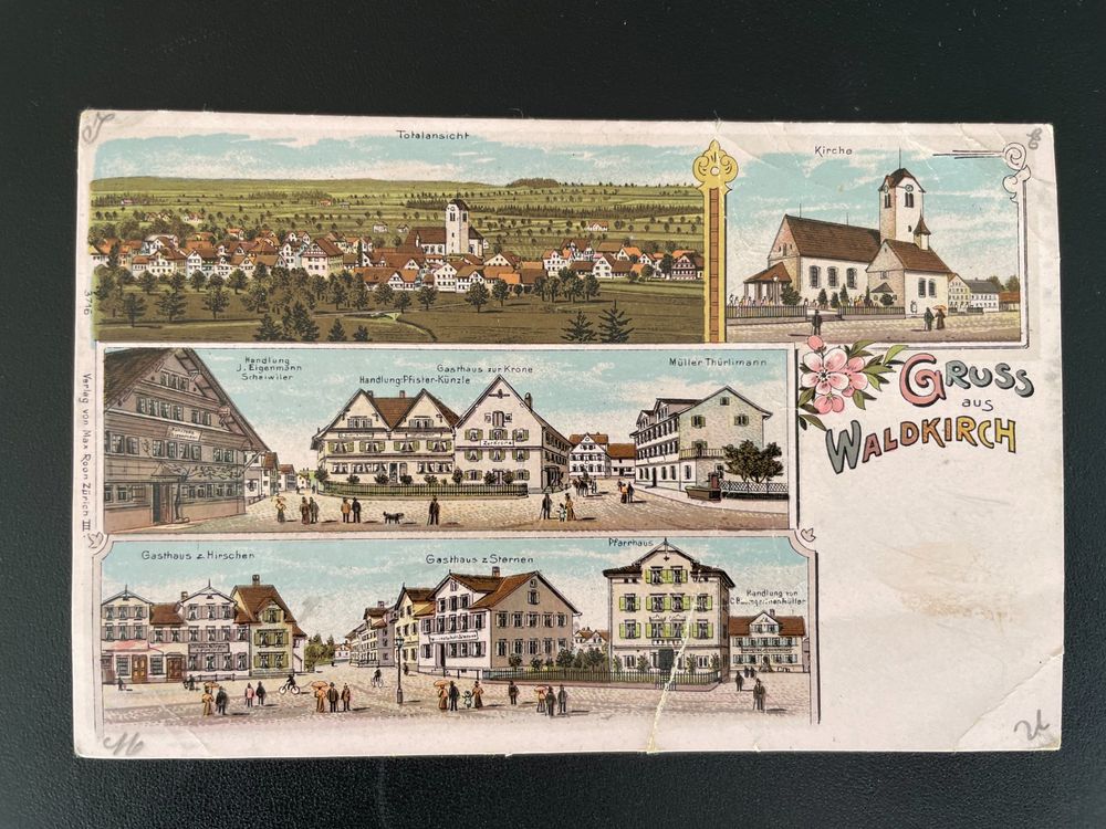 AK SG Litho Gruss aus Waldkirch (Hirschen, Sternen, Pfarrhau (Defekt) in Thal für CHF 7 – mit ...