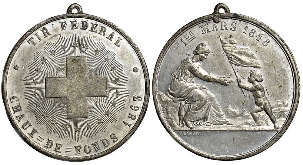 b- La Chaux-de-Fonds, Medaille 1863, Schützenfest (Gebraucht) in Chiasso für CHF 110 – mit ...