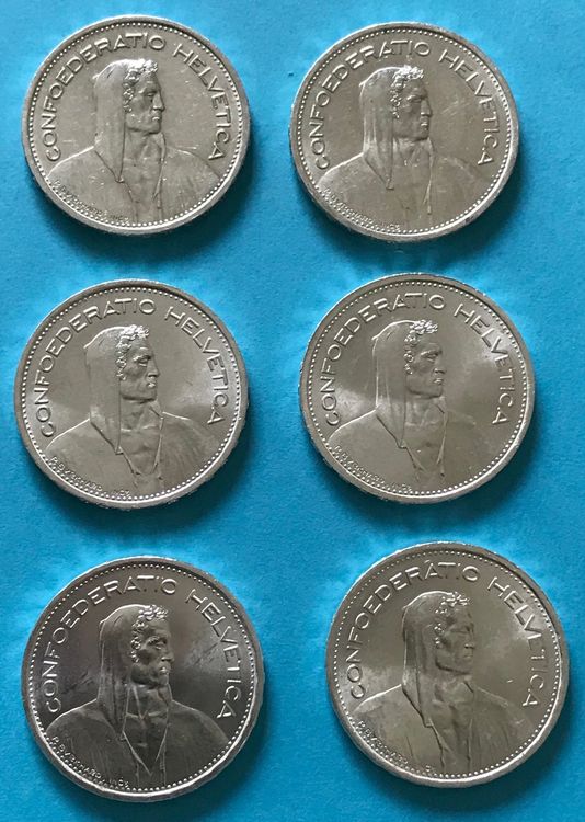 6 schöne Schweizer Silber 5-Franken-Münzen 1950/1953/1954 | Kaufen auf Ricardo