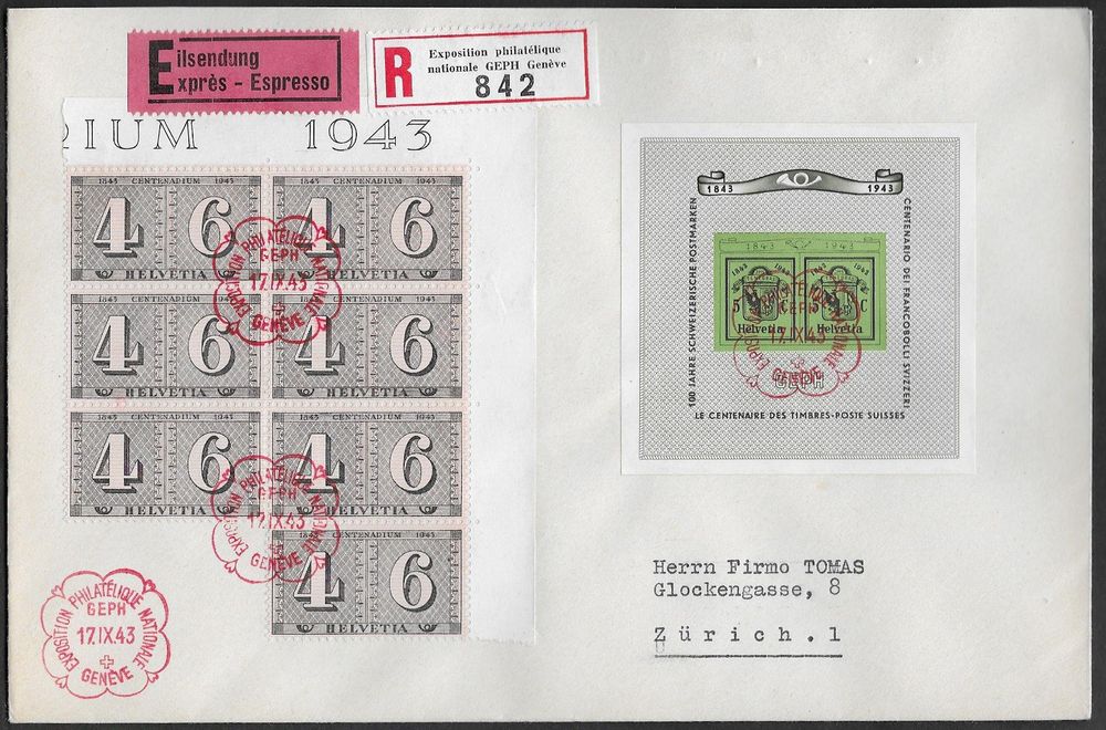 1943 FDC R/Exp. Genfer-Block + Zusatzfrankatur selten ab 1.- (Gebraucht) in Zürich für CHF 22 ...
