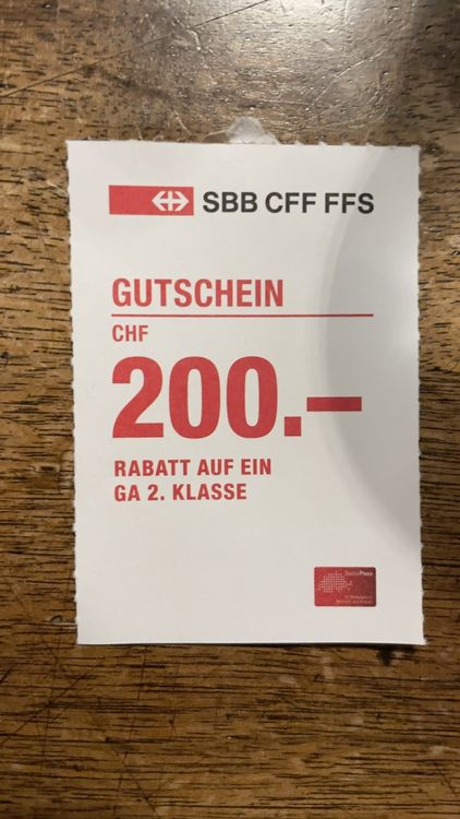 SBB 200 CHF Gutschein 2 Klasse (Gebraucht) in Winterthur für CHF 50 – mit Lieferung auf Ricardo ...