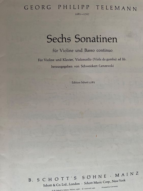 Noten - Georg P. Telemann - 6 Sonatinen - Klavier und Geige (Gebraucht ...