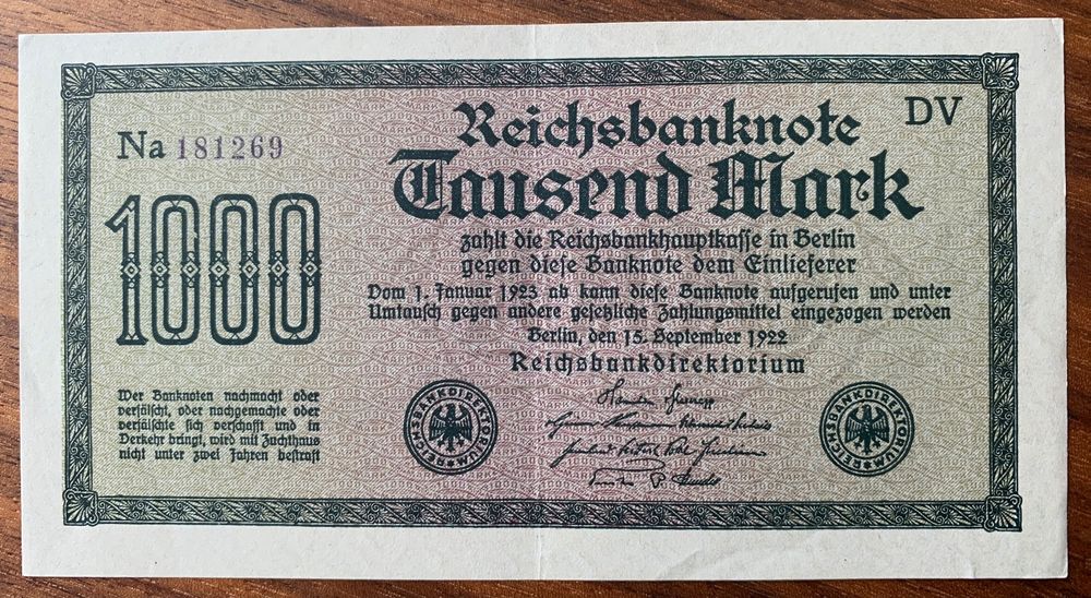Reichsbanknote 1000 Mark 1922 SS (Gebraucht) in Opfikon für CHF 2 – mit ...