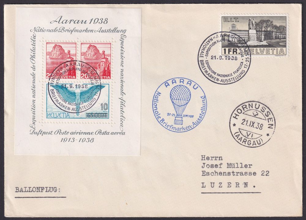 W11, Aarauer Block 1938 auf Brief, Ballon-Flug (Gebraucht) in Ebikon für CHF 9 – mit Lieferung ...