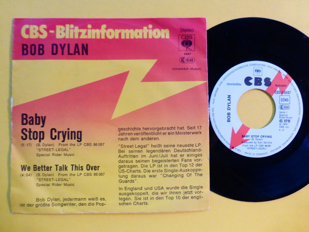 Bob Dylan – Baby Stop Crying (PROMO) (Gebraucht) in Zürich für CHF 10 ...