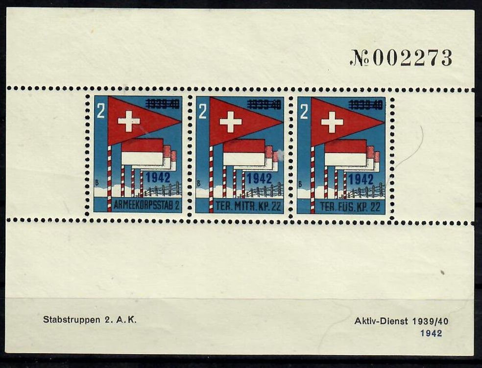 2. Armeekorps, 3er-Bögli durchgezähnt, nummeriert, (Gebraucht) in Adliswil für CHF 4 – mit ...