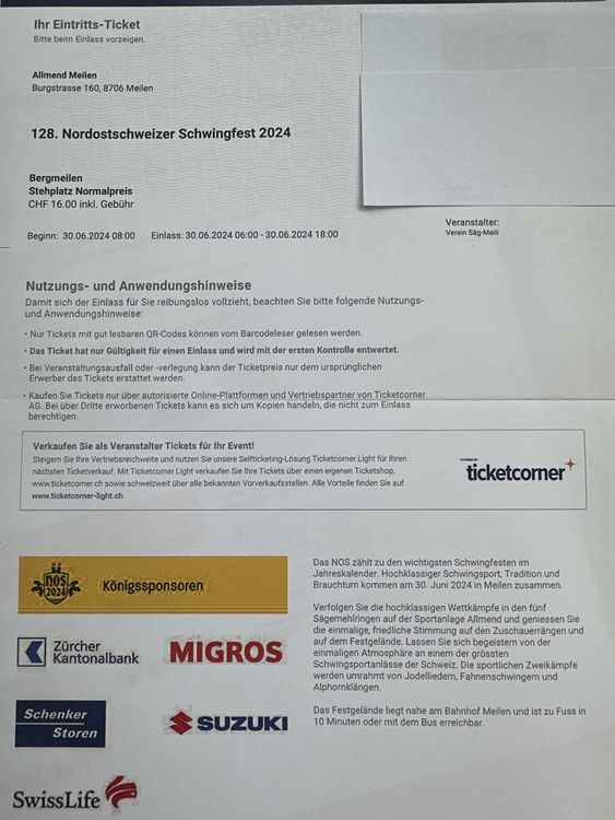 Schwingfest NOS 2024 Meilen Stehplatz 30.06.2024 | Kaufen auf Ricardo