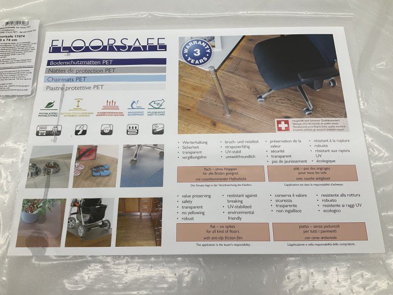 Bodenschutzmatte/Stuhlunterlage Floorsafe 17074 120cm x 74cm (Neu und ...