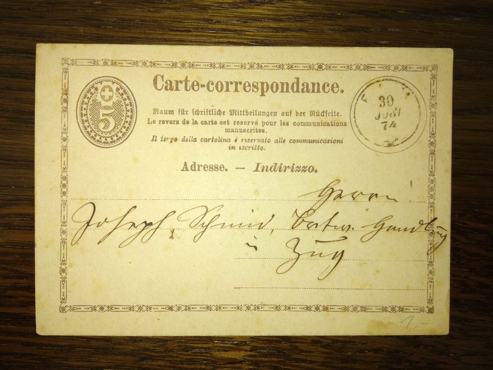 Korrespondenzkarte / Carte-correspondance (30.06.1874) Zug | Kaufen auf Ricardo