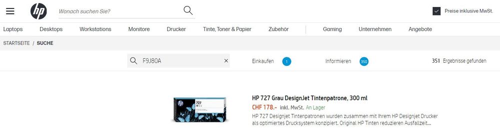 DesignJet T920/T1500/T2500/T2530 Gray Patrone, 727 / F9J80A (Neu und originalverpackt) in ...