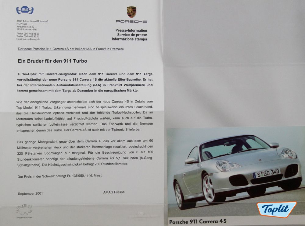 PRESSE INFORMATION - PORSCHE 911 CARRERA 4S - TYP 996 - 2001 (Gebraucht ...