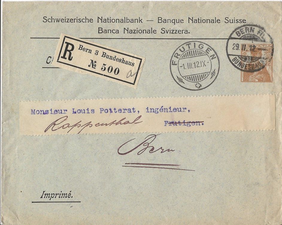 R-Brief, Frutigen 1912, Ganzsache Schweiz. Nationalbank (Gebraucht) in Frauenfeld für CHF 4.8 ...