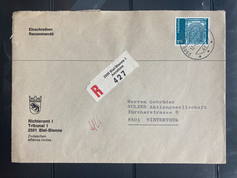 Schweiz 1978 R-Brief 1.1Fr Architektur 2500 Biel/Bienne 1 (Gebraucht) in Liestal für CHF 1.5 ...