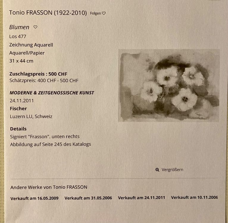 Original Aquarelle Tonio FRASSON (1922 Amriswil-2010 Luzern) (Gebraucht) in Basel für CHF 600 ...