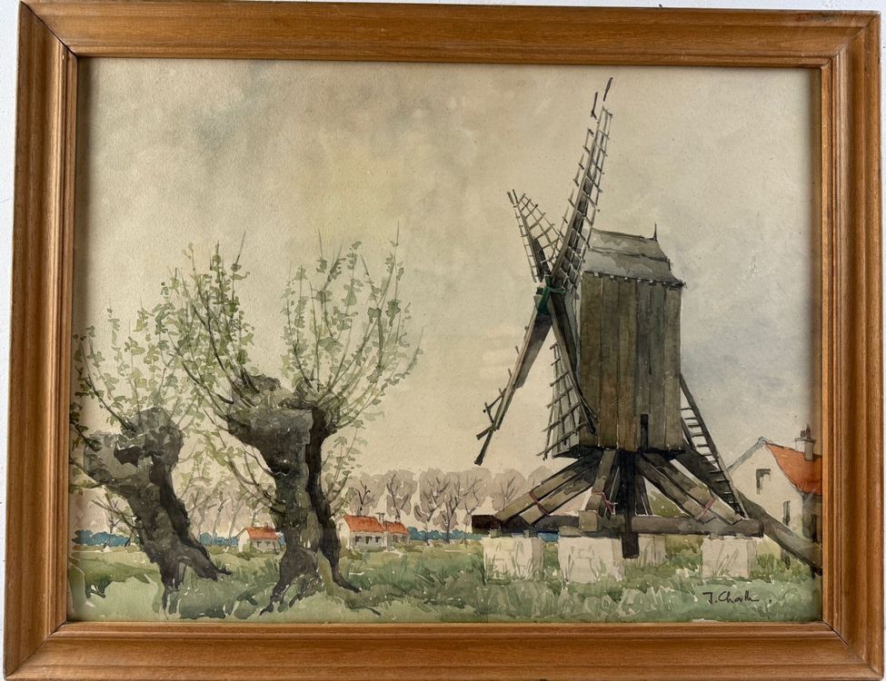 Gemälde/Aquarell - Landschaft mit Mühle Baum im Frühling Sig (Gebraucht) in Neuhausen am ...