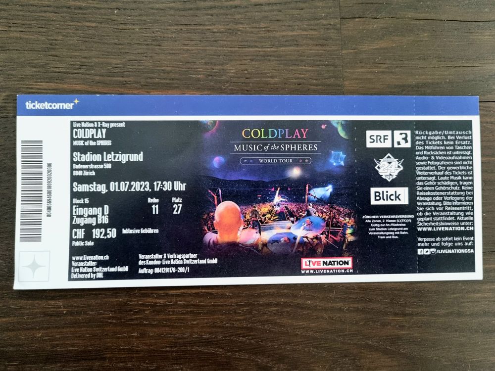 Coldplay Ticket 01.07.2023 (Gebraucht) in Seewen SZ für CHF 210 – mit Lieferung auf Ricardo kaufen