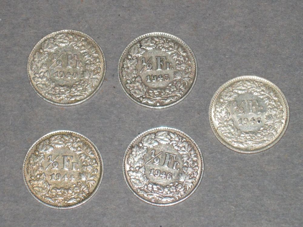 CH Münzen 50 Rappen 1940 + 1943 + 1944 + 1946 + 1948 (Gebraucht) in Utzenstorf für CHF 6 – mit ...