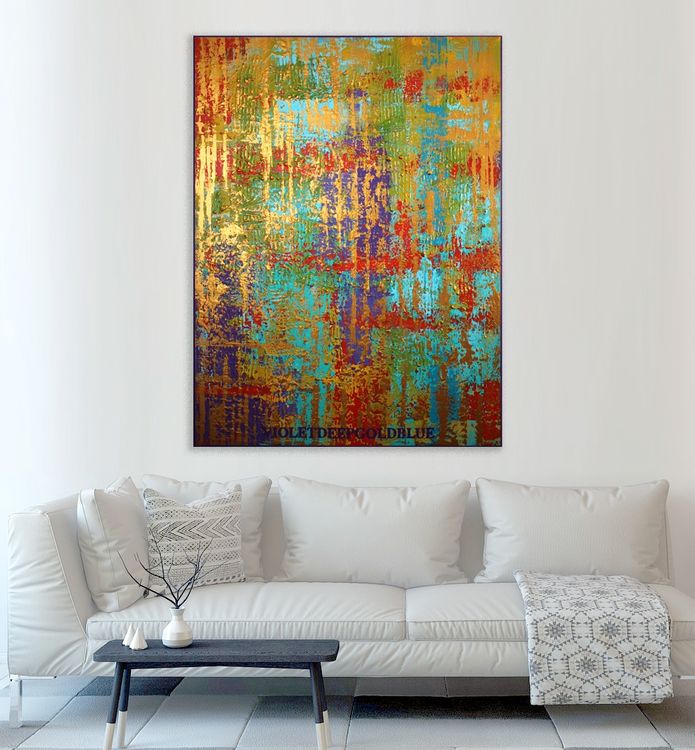 Abstrakt pompöses Acrylgemälde in gold, bunt, 120x160cm | Kaufen auf Ricardo