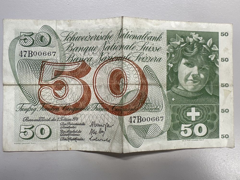 50 Fr.-Note Schweiz 1974 (Gebraucht) in Herisau für CHF 8 – mit ...