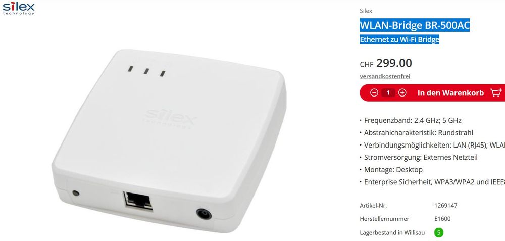 Ethernet zu Wi-Fi Bridge Silex BR-500AC (Neu und originalverpackt) in Baden für CHF 60 – mit ...