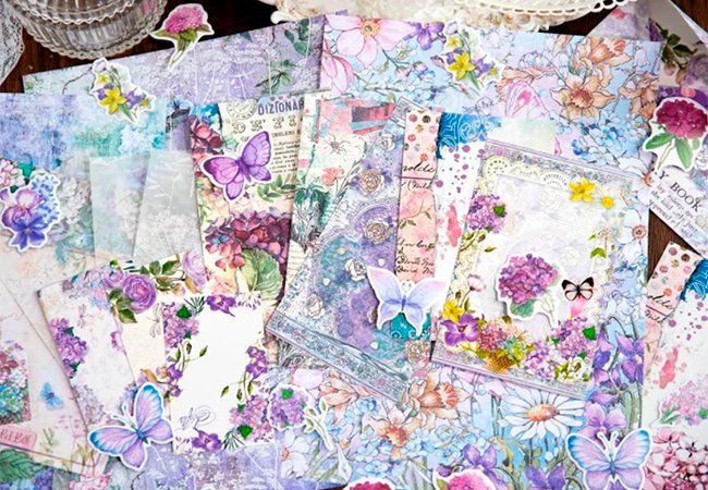 40 Stk. Vintage Bastel Papier - Lila Blumen & Schmetterlinge | Kaufen ...