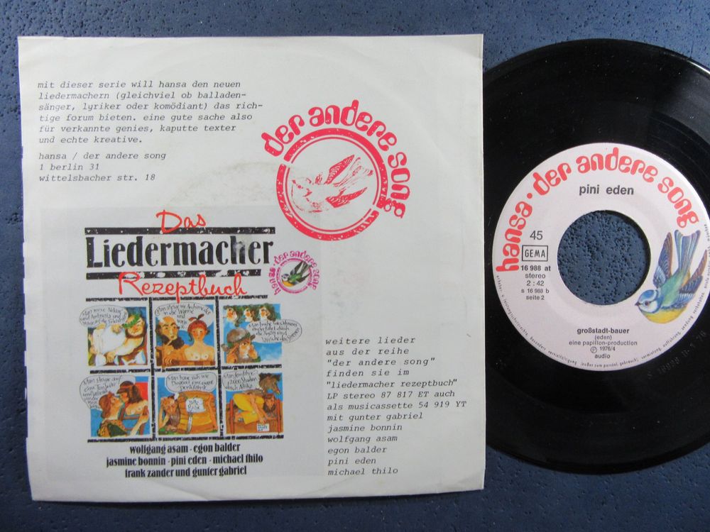 PINI EDEN 7"SINGEL 45T EIN LEBEN LANG/GROSSSTADT-BAUER (Gebraucht) in ...