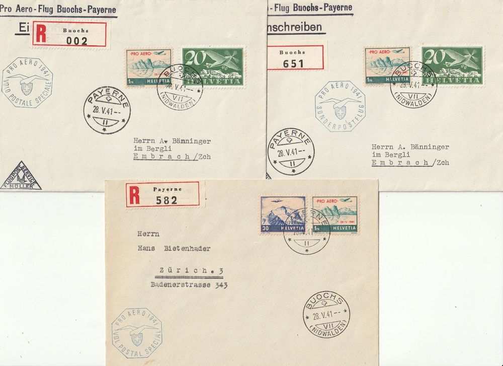 Pro Aero 1941, alle 3 Etappen auf Einschreibebrief (Gebraucht) in Turgi für CHF 14 – mit ...