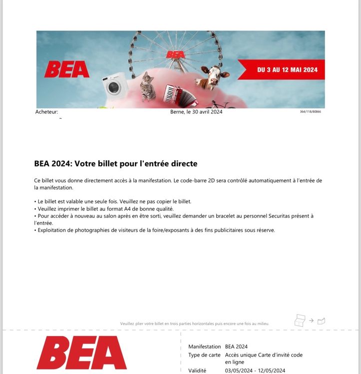 Deux billets BEA 2024 | Kaufen auf Ricardo