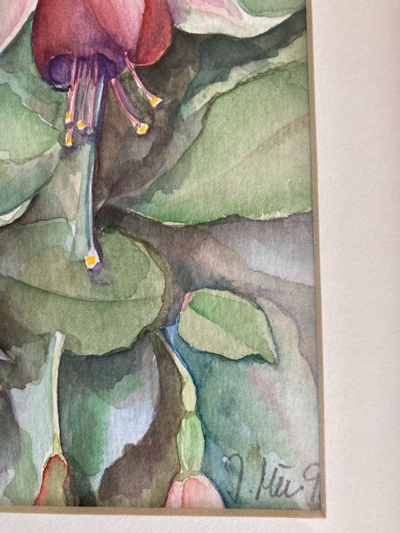 Gemälde Aquarell Blumen Fuchsien unleserlich signiert 91 | Kaufen auf Ricardo
