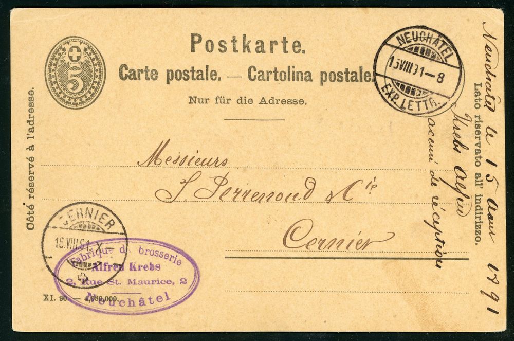 Postkarte: P22-T III / Pk 021, XI 90, Neuchatel-Cernier 1891 (Gebraucht ...