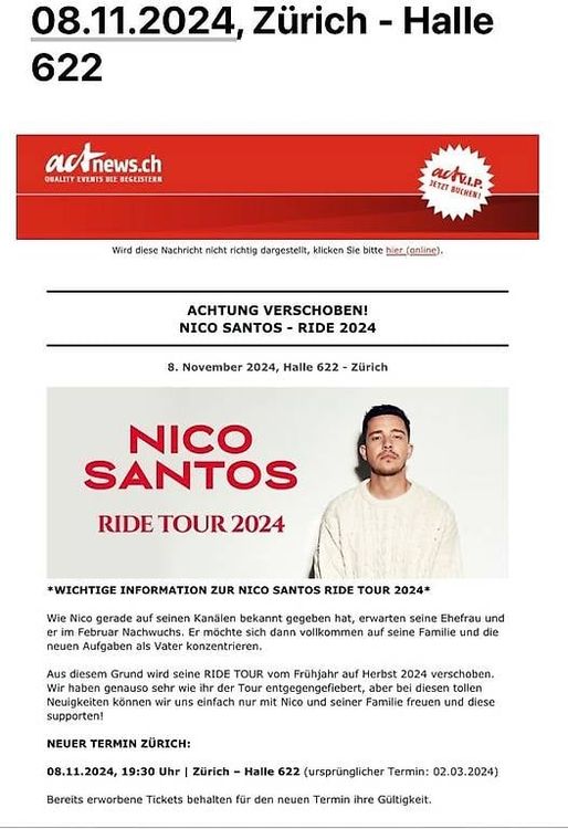 Neu: 2 Tickets Nico Santos von CHF 65.— auf 30.—/Ticket (Neu und originalverpackt) in Grüningen ...