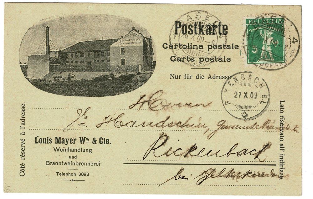 Postkarte Basel nach Rickenbach BL 1909 | Kaufen auf Ricardo