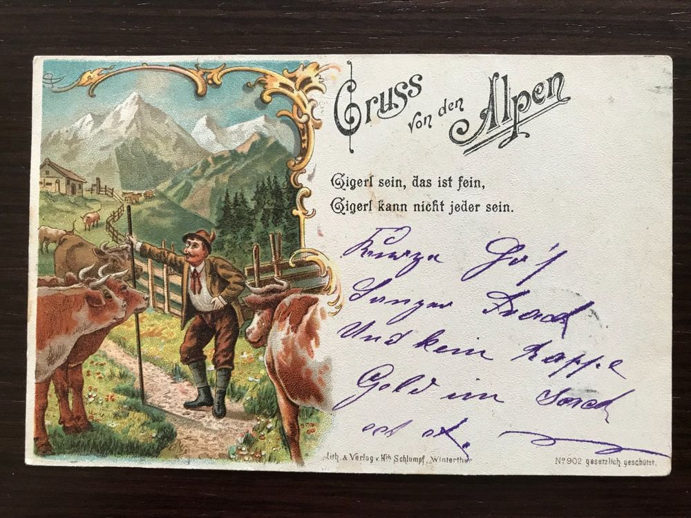 GRUSS VON DEN ALPEN Litho, Kühe, Wanderer, "Gigerl", 1900 (Gebraucht ...