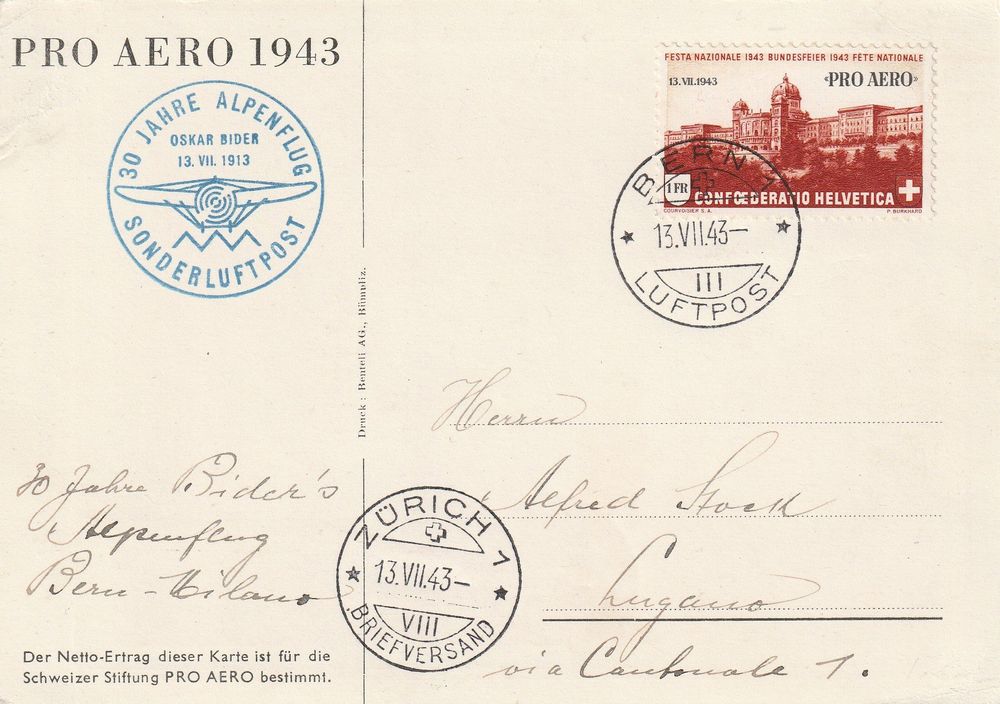 Luftpost-Karte 1943 Sonderflug Pro Aera Bern-Zürich (Gebraucht) in ...